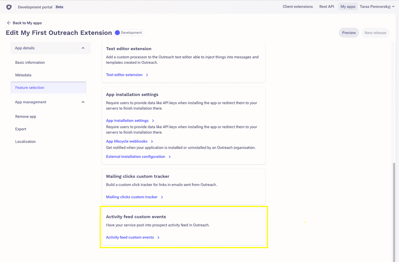 Custom events in the prospect activity feed - Development Portal | Outreach